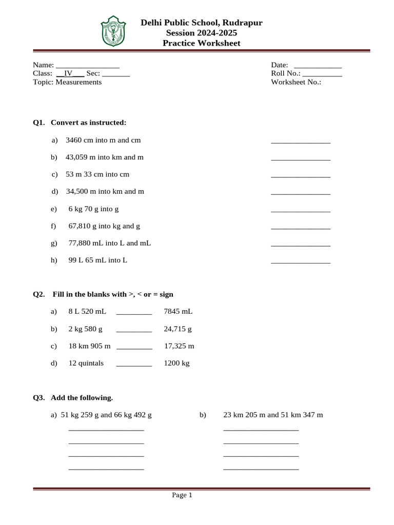 Measurements Worksheet For Class IV | PDF