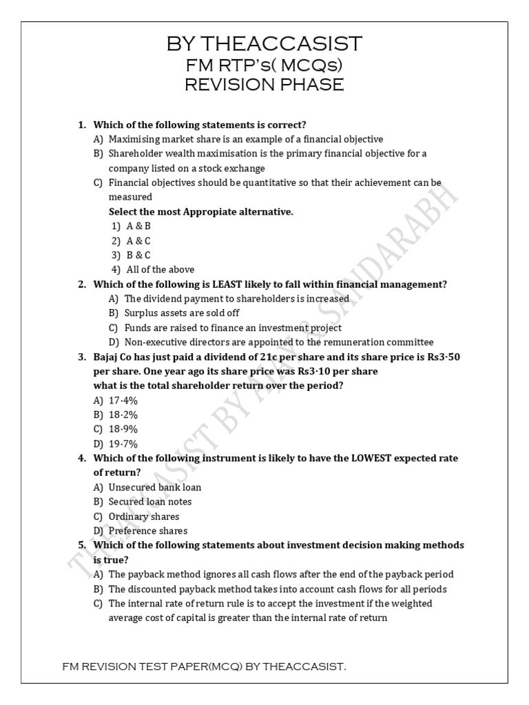 Top 50 MCQS FM by Theaccasist | PDF | Option (Finance) | Factoring (Finance)