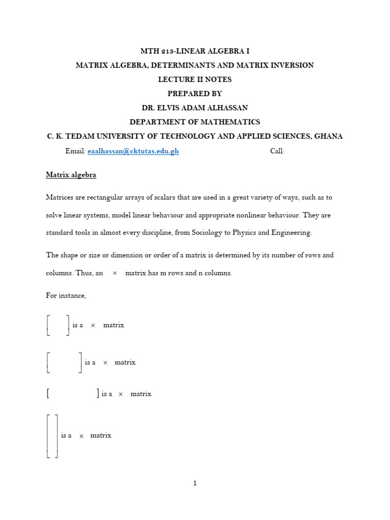 MTH 213 Lecture Ii Notes | PDF | Matrix (Mathematics) | Determinant