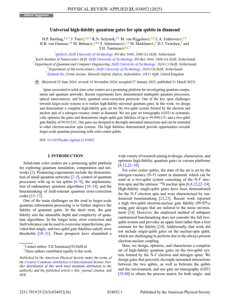 Universal high-fidelity quantum gates for spin qubits in diamond | PDF ...