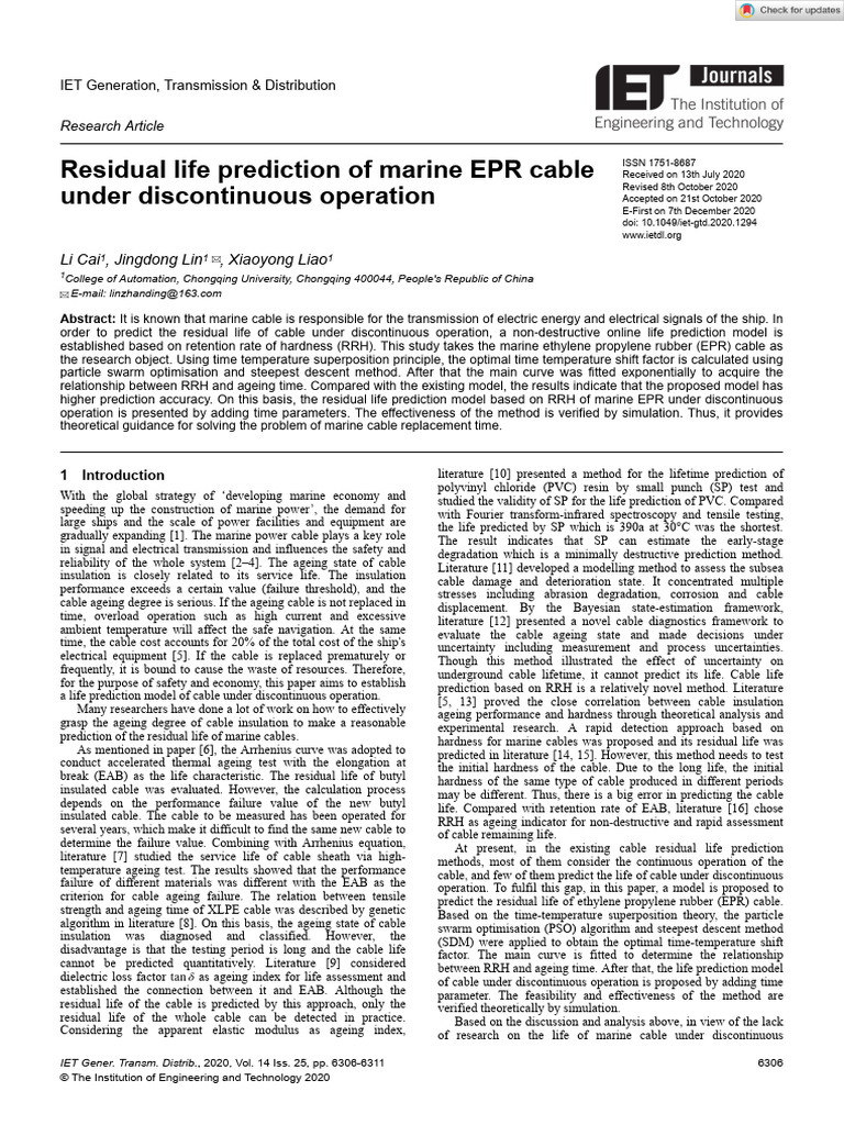 Iet Generation Trans Dist 2020 Cai Residual Life Prediction Of Marine Epr Cable Under