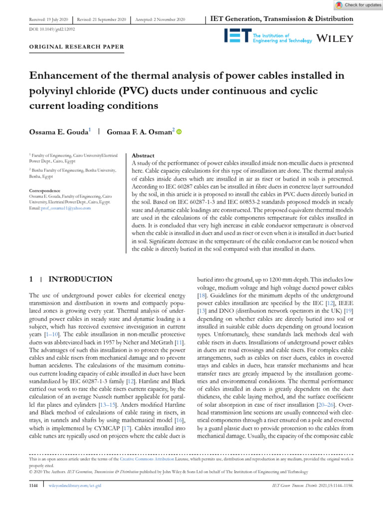 Iet Generation Trans Dist 2020 Gouda Enhancement Of The Thermal Analysis Of Power Cables