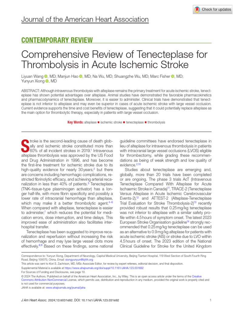Wang Et Al 2024 Comprehensive Review of Tenecteplase For Thrombolysis in Acute Ischemic Stroke ...