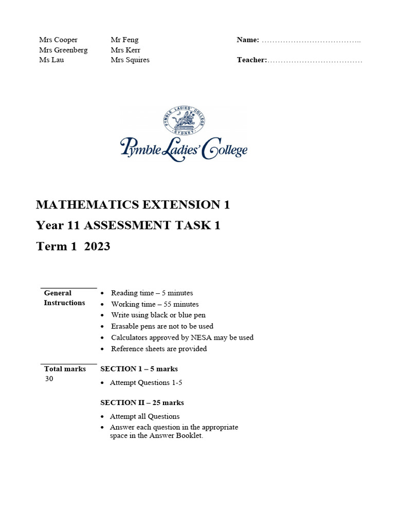 Year 11 Mathematics Extension 1 Assessment | PDF | Function ...
