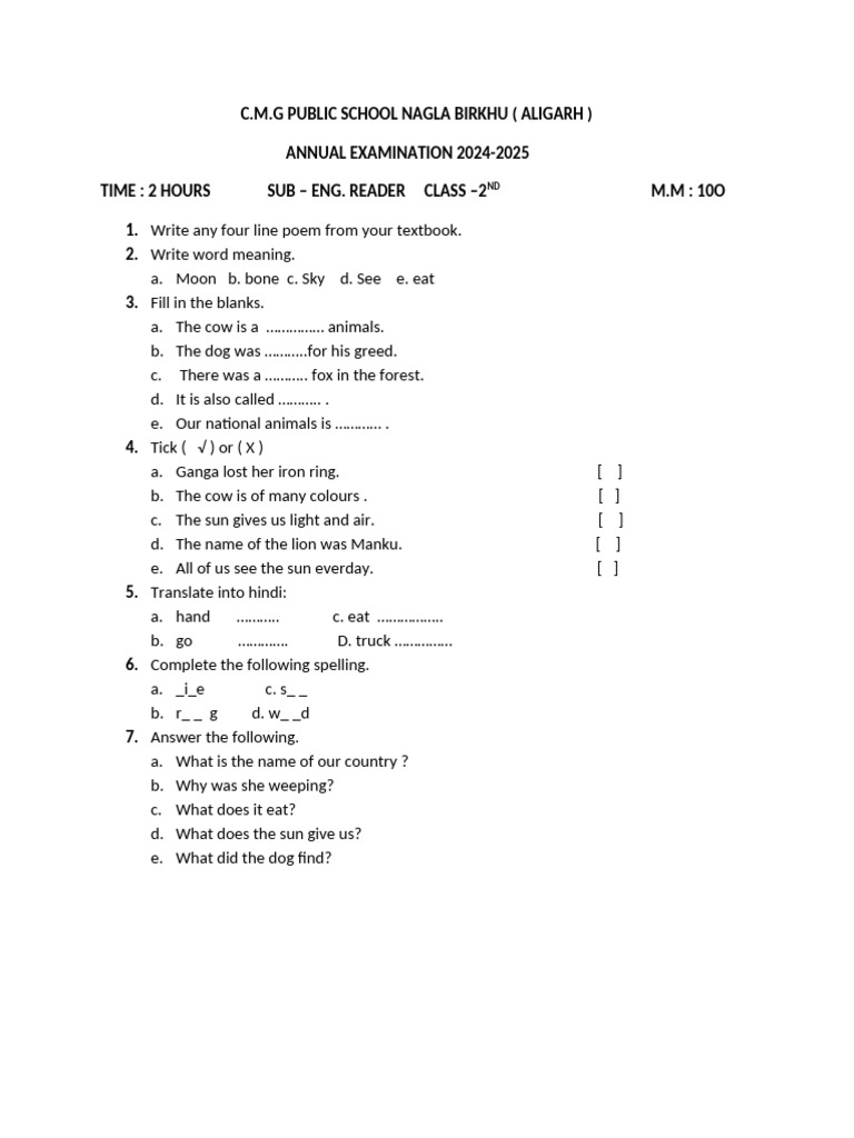 Class 2 English Exam Guide 2024-2025 | PDF