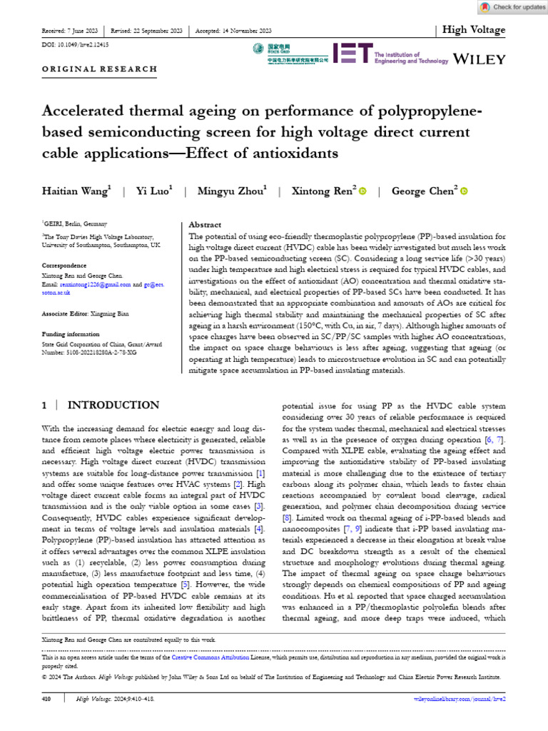 High Voltage - 2024 - Wang - Accelerated Thermal Ageing On Performance of Polypropylene Based ...