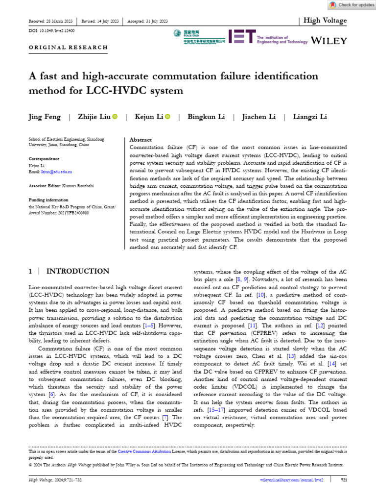 High Voltage - 2024 - Feng - A Fast and High Accurate Commutation Failure Identification Method ...