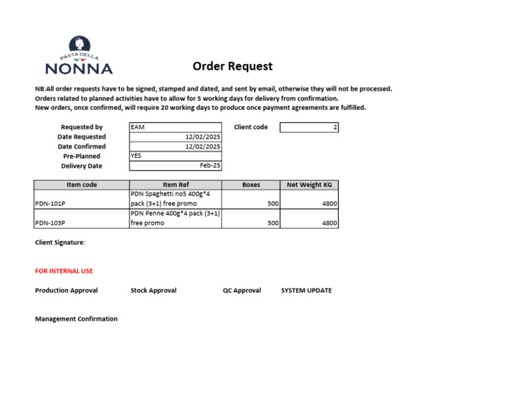 Spaghetti and Penne Order Request Form | PDF