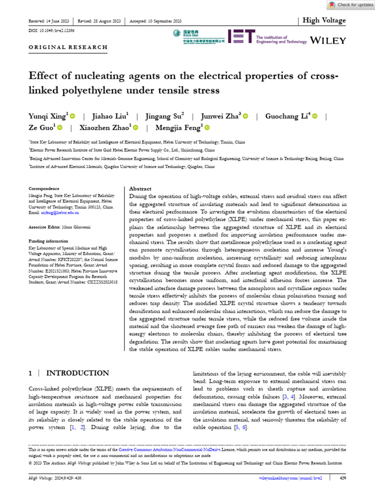 High Voltage - 2023 - Xing - Effect of nucleating agents on the electrical properties of cross ...