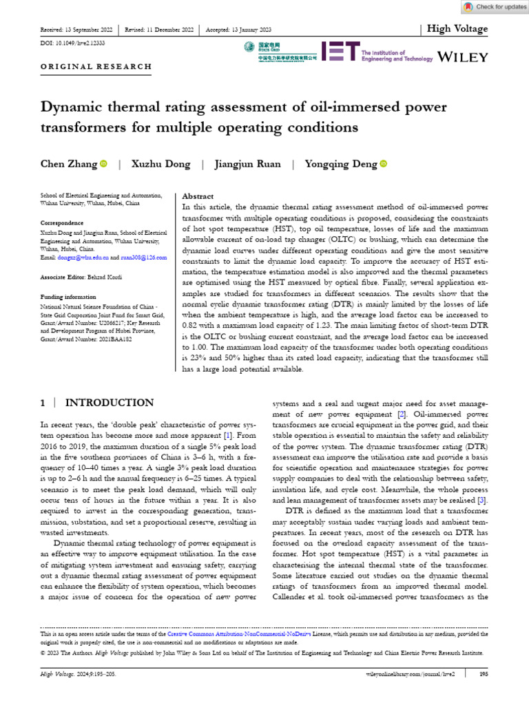 High Voltage - 2023 - Zhang - Dynamic Thermal Rating Assessment of Oil ...