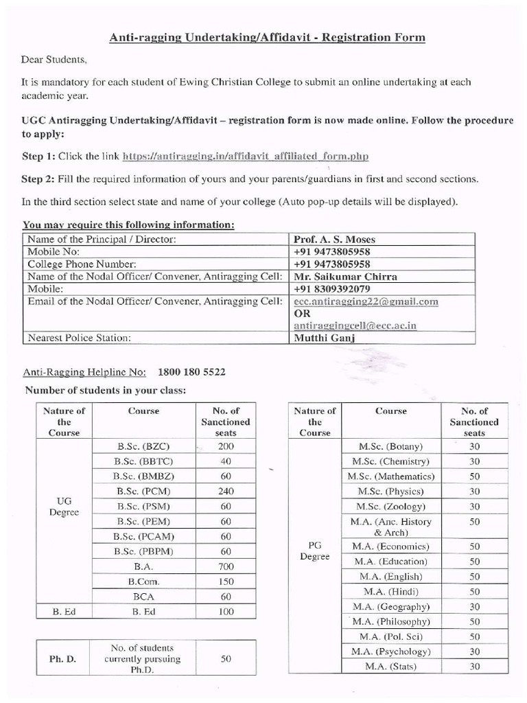 Anti Ragging Undertaking Affidavit Registration Form | PDF