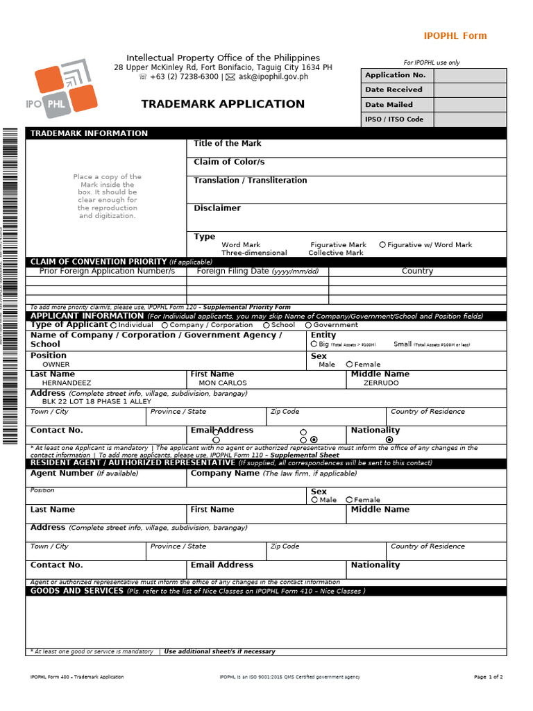 IPOPHLFillable Form 400 | PDF | Trademark