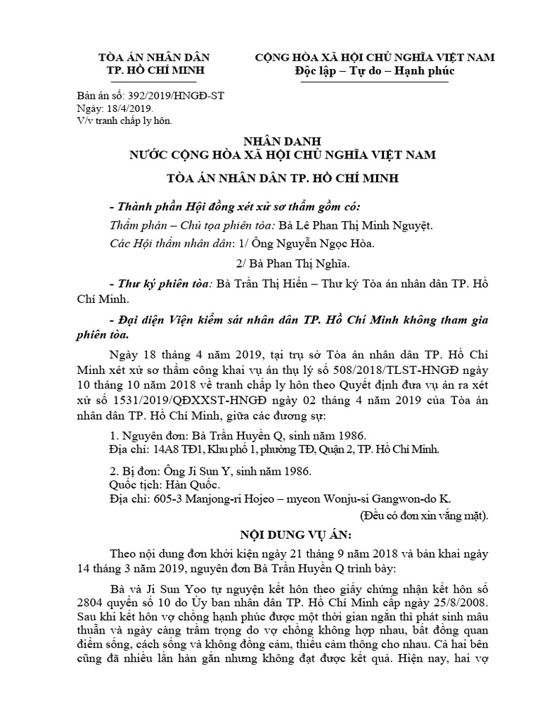 Bản án số 392 TAND TP HCM tranh chấp ly hôn | PDF
