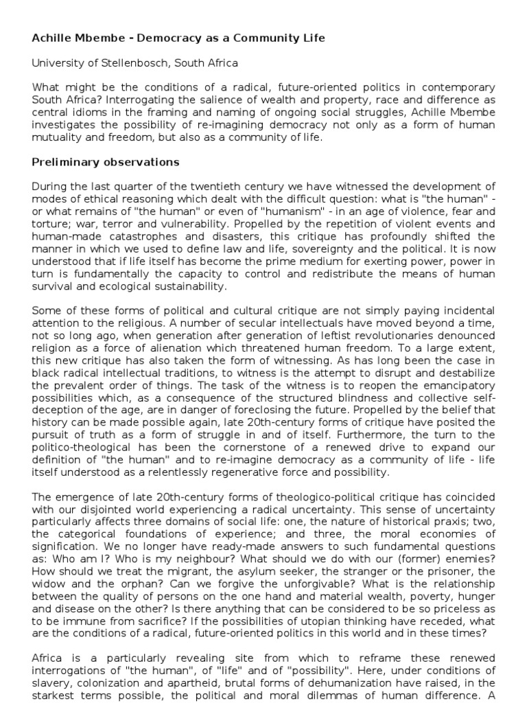 Achille Mbembe - Democracy As A Community Life | PDF | Wealth | Capitalism