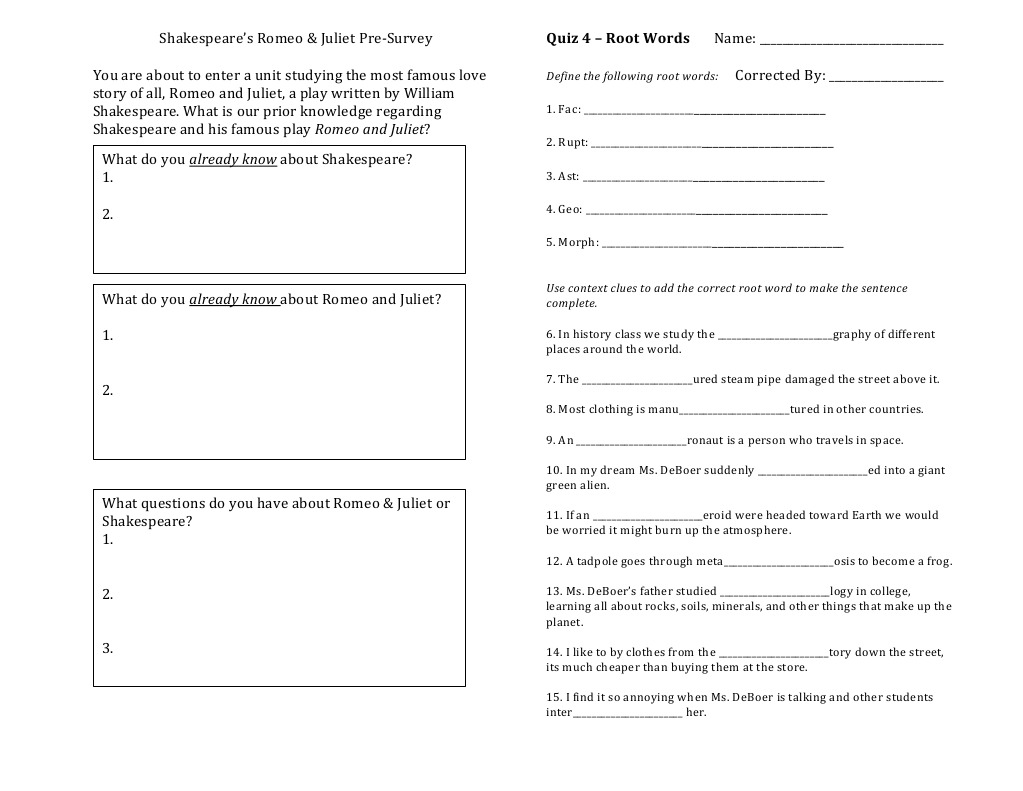 Romeo & Juliet Pre-Survey Questions | PDF