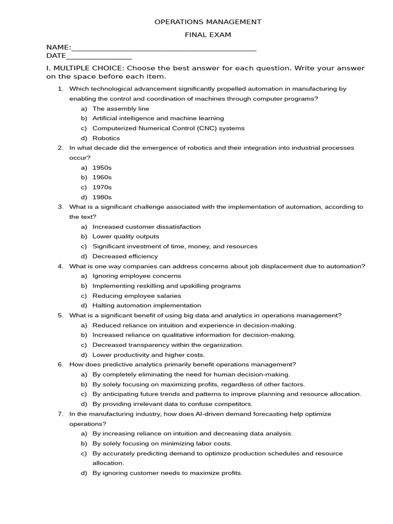 Operations Management Final Exam Guide | PDF | Risk | Automation