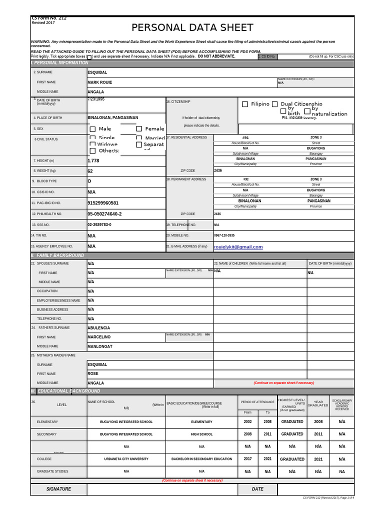 CS Form No. 212 Personal Data Sheet Revised | PDF | Government | Justice