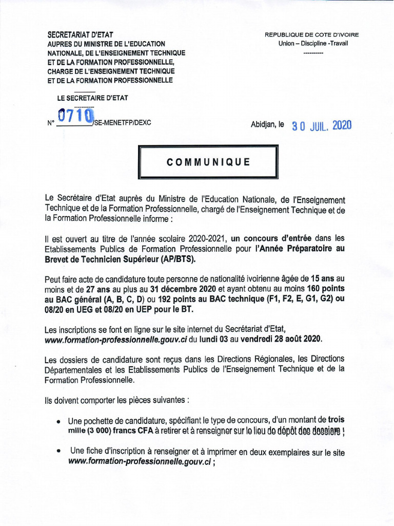Communique Concours 2020 AP Bts | PDF