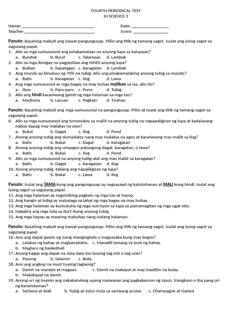 Fourth Periodical Test in Science 3 | PDF