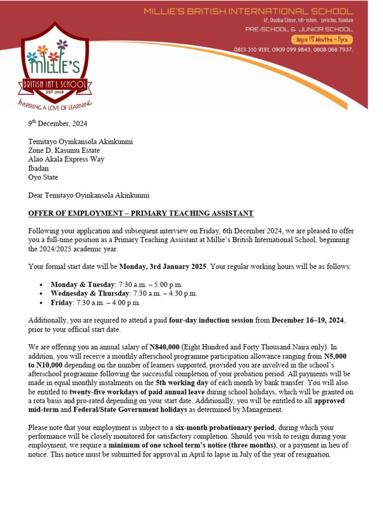 Primary Teaching Assistant Job Offer | PDF | Industrial Relations ...