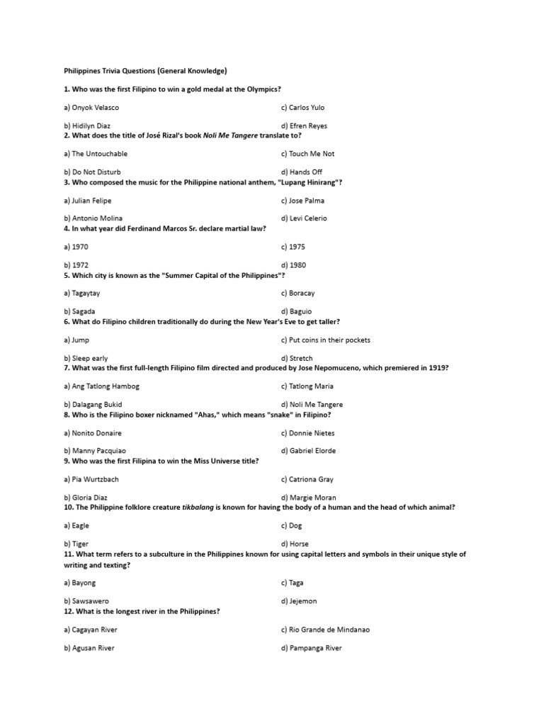 Philippine Trivia Questions & Answers | PDF | Philippines