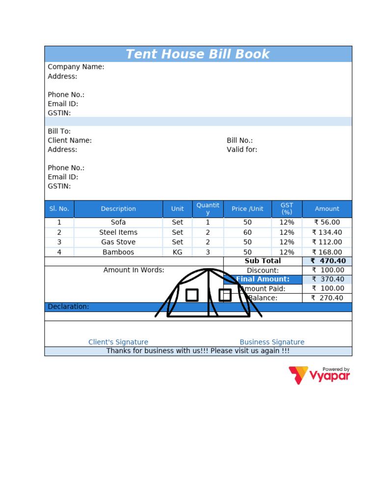 Tent House Bill Book Template | PDF