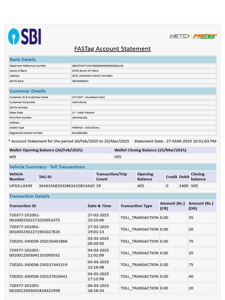 Sbi Fastag Statement 4771347 - Mustkeem Khan From 26 Feb 2025 to 25 Mar ...