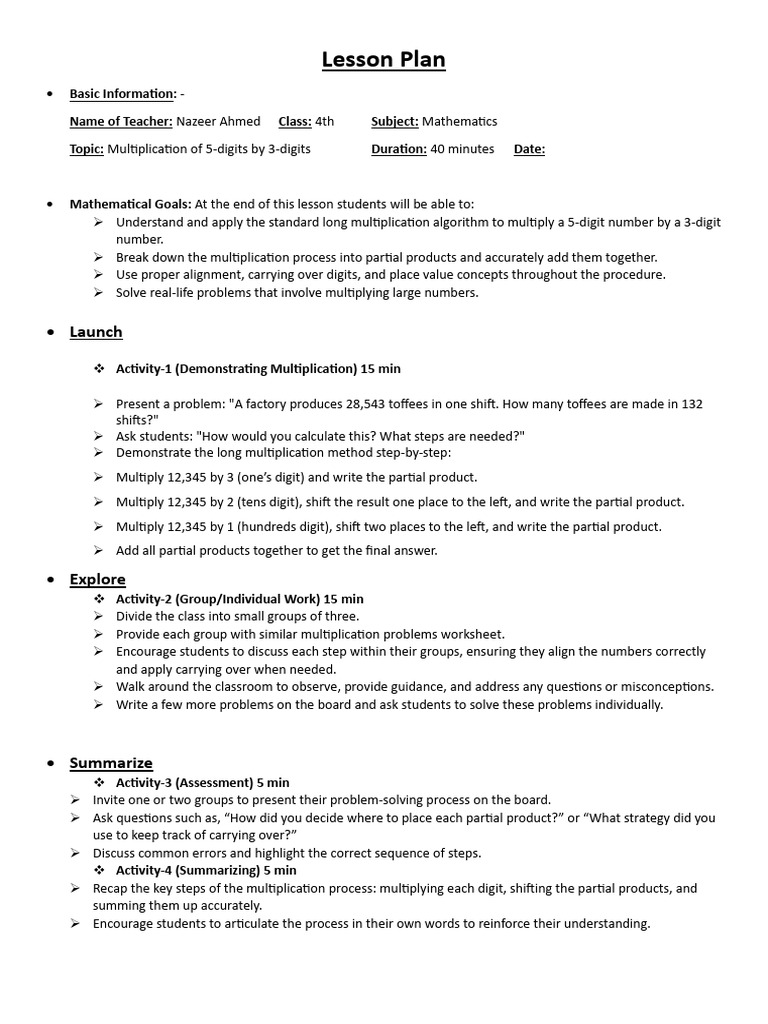 Multiplication- Lesson Plan | PDF | Multiplication | Lesson Plan