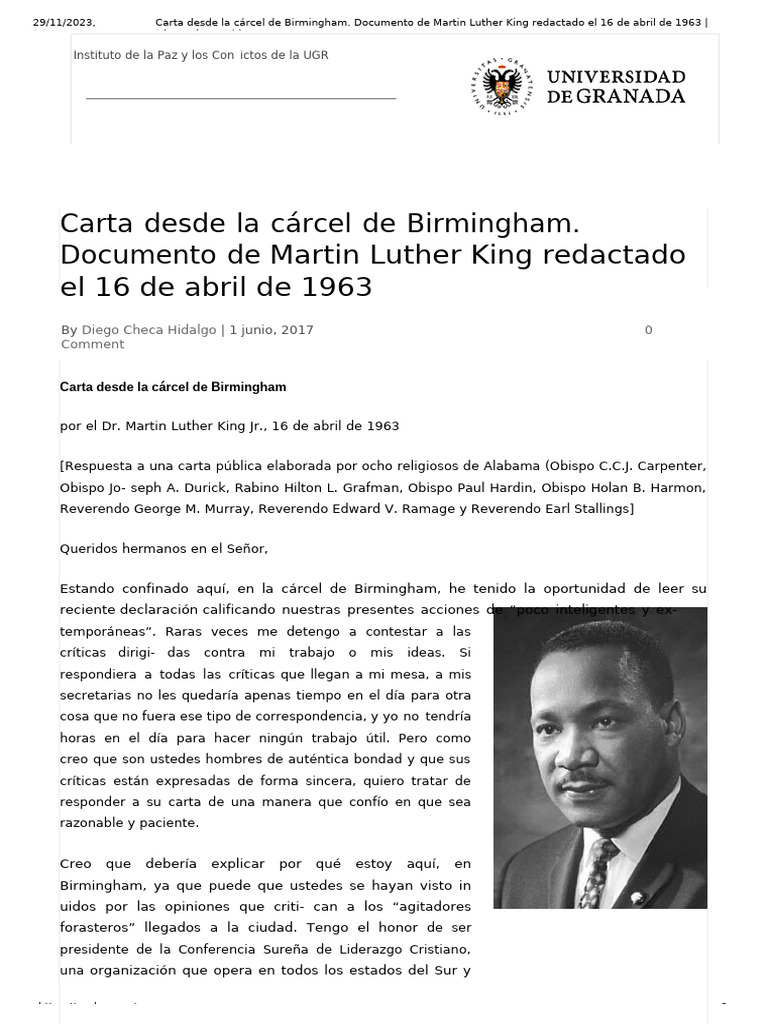 Carta Desde La Cárcel de Birmingham. Documento de Martin Luther King ...