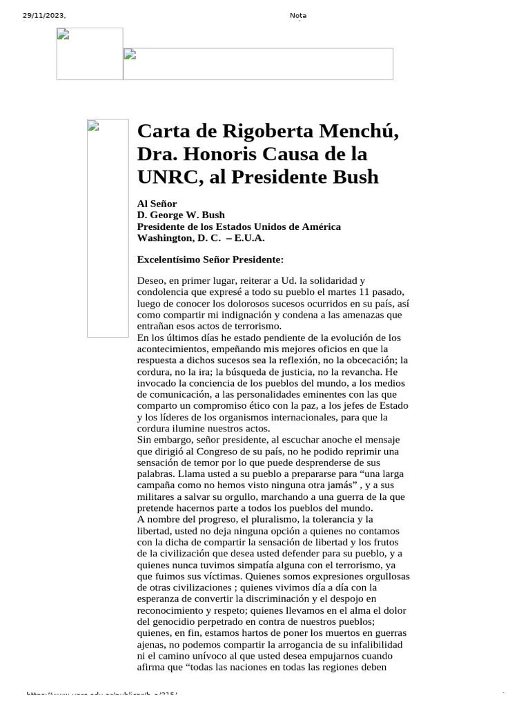 Carta de Rigoberta Menchú a Bush sobre paz | PDF