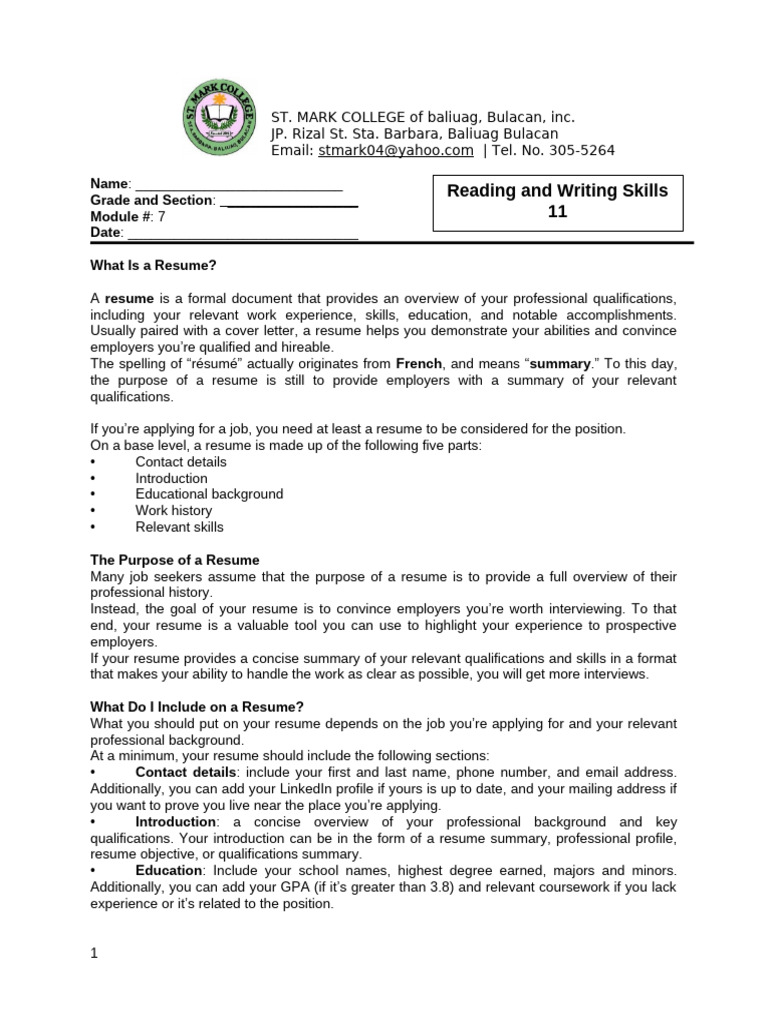 Module 7 Reading and Writing Skills 11 | PDF | Résumé