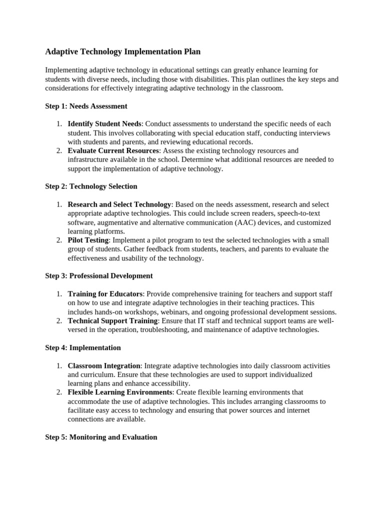 Adaptive Technology Implementation Plan | PDF | Special Education | Human Communication
