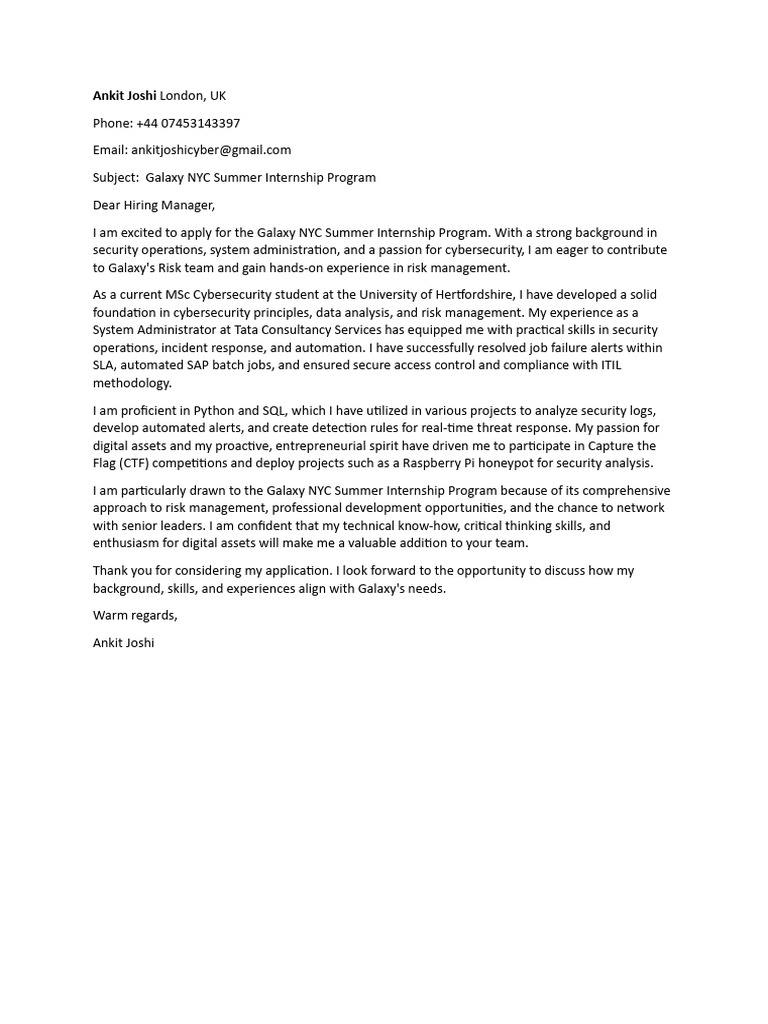 Cover Letter Ankit Galaxy Internship | PDF