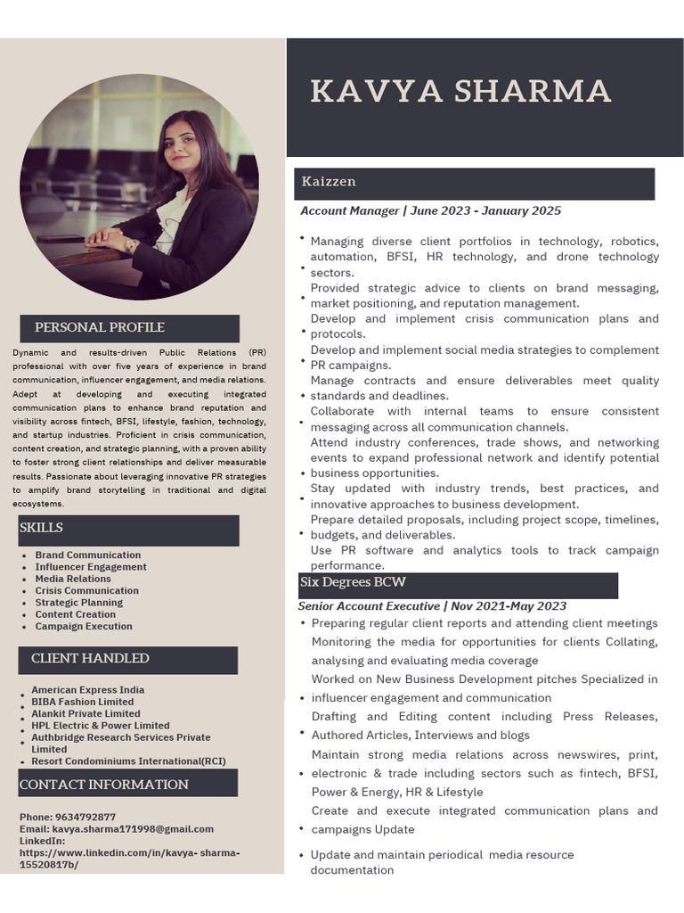 Kavya Sharma - Account Manager | PDF | Public Relations | Brand