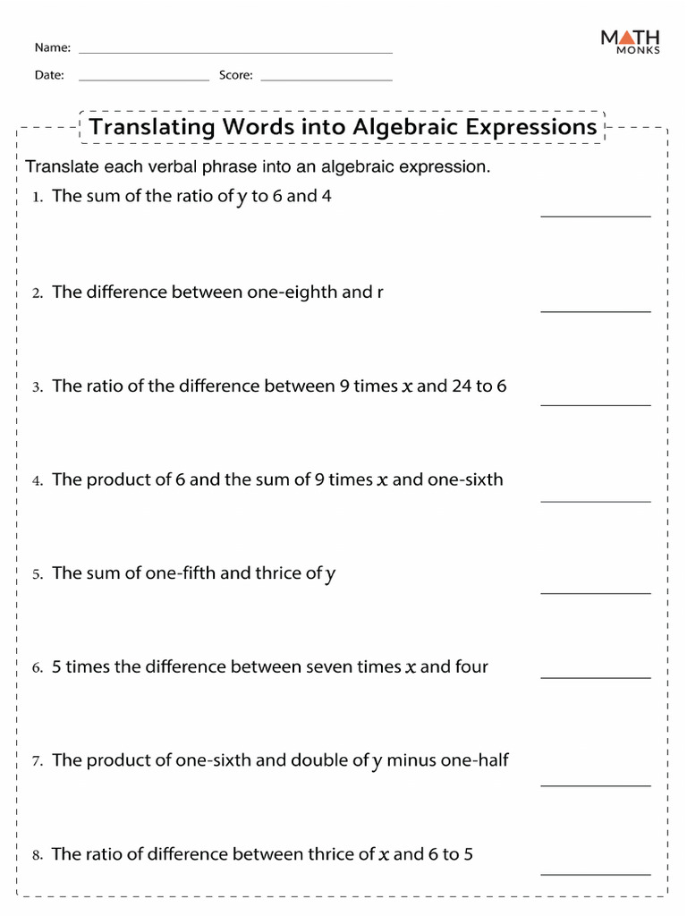 Translating Words Into Algebraic Expressions Worksheet | PDF