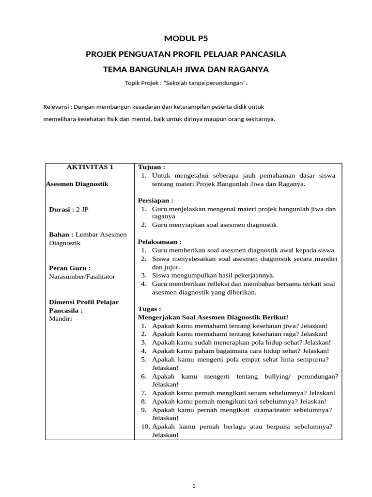 MODUL P5 Pertemuan Pertama Untuk Kelas 8 Dan 9 | PDF