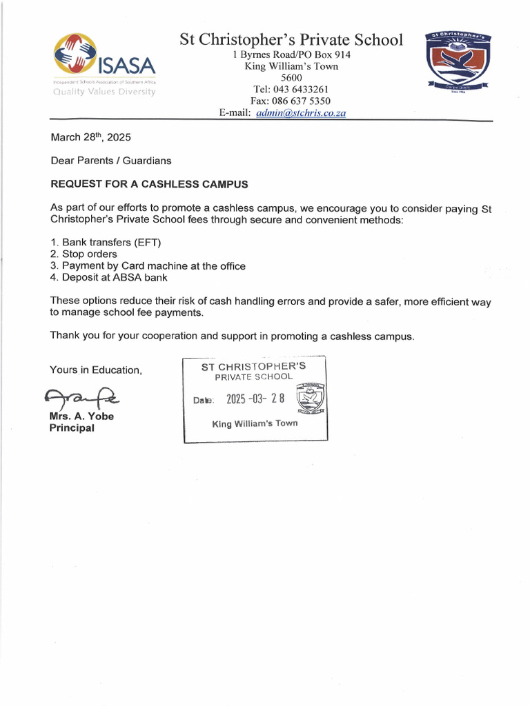 Letter To Parents - Request For A Cashless Campus | PDF