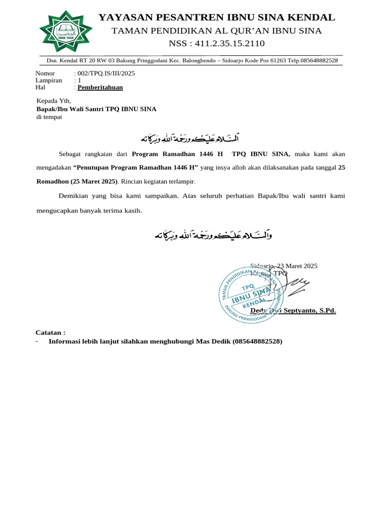 Surat Pemberitahuan Penutupan Ramadhan 1446 H | PDF