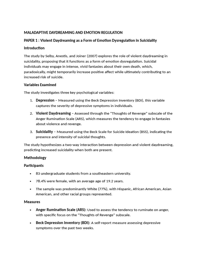 Maladaptive Daydreaming and Emotion Regulation | PDF | Major Depressive ...