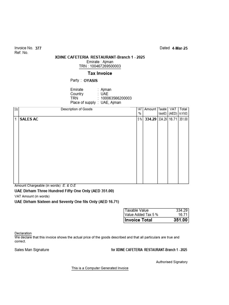 Tax Invoice: 377 4-Mar-25 Xdine Cafeteria Restaurant-Branch 1 - 2025 | PDF