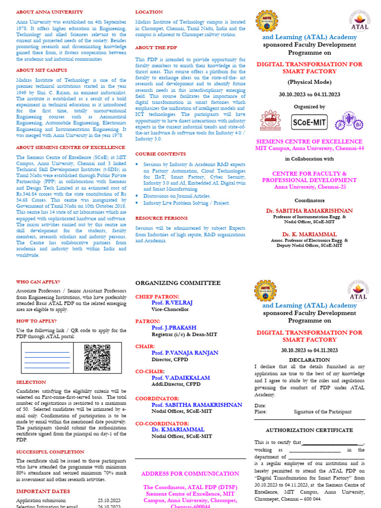 ATAL Advanced FDP - Digital Transformation For Smart Factory - Brochure | PDF