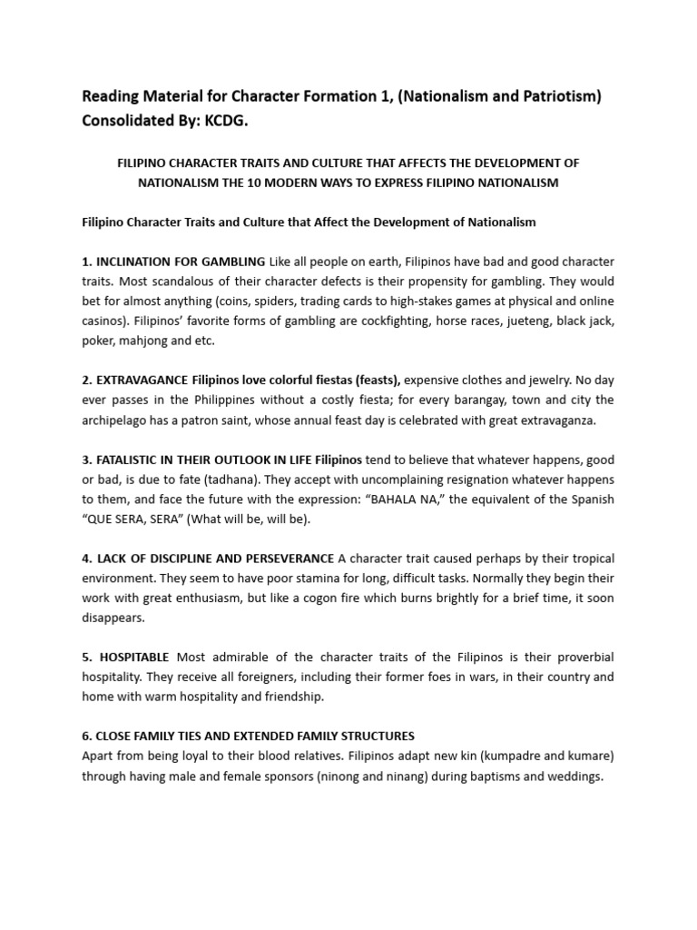 Reading Material For Character Formation 1, (Nationalism and Patriotism) | PDF | Philippines ...