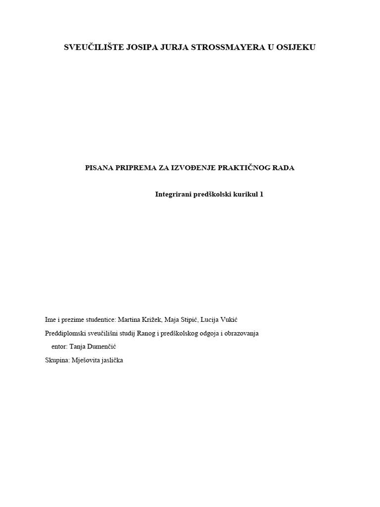 Pisana Priprema Praktičnog Rada U Vrtiću | PDF