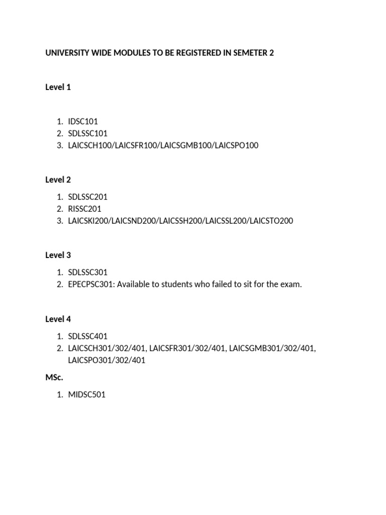 University Wide Modules To Be Registered in Semeter 2 | PDF