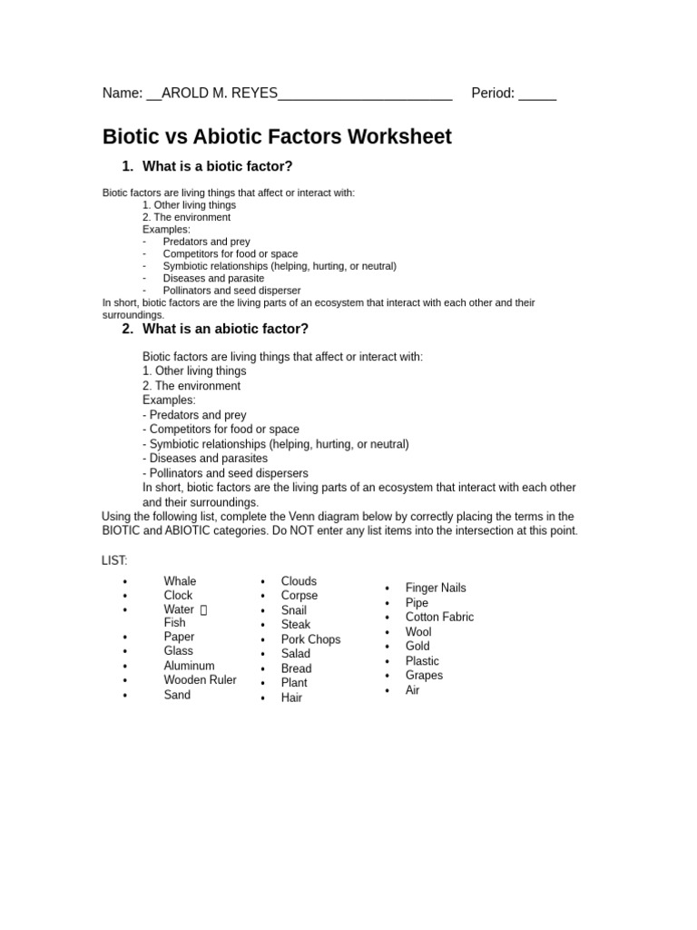 Abiotic Vs Biotic Factors Worksheet | PDF | Ecosystem | Plants