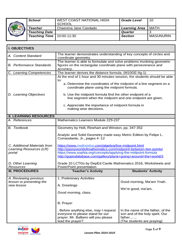 Grade 10 Mathematics - The Midpoint Formula | PDF | Geometry | Mathematics