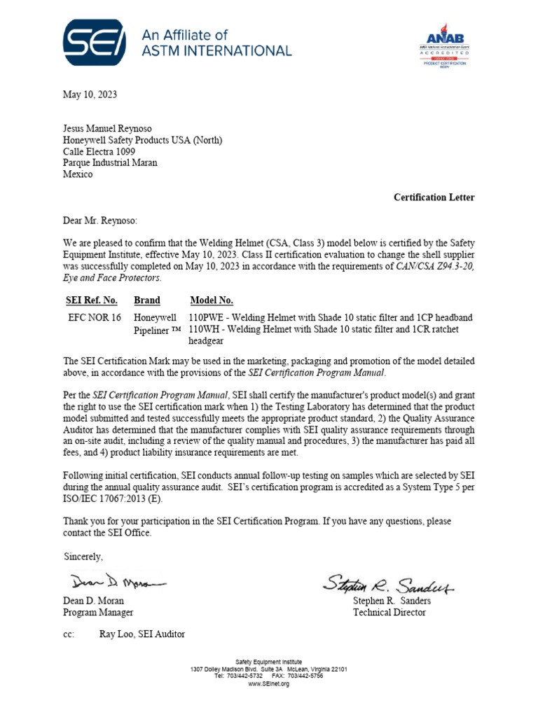 Certification Letter: CAN/CSA Z94.3-20, Eye and Face Protectors | PDF ...