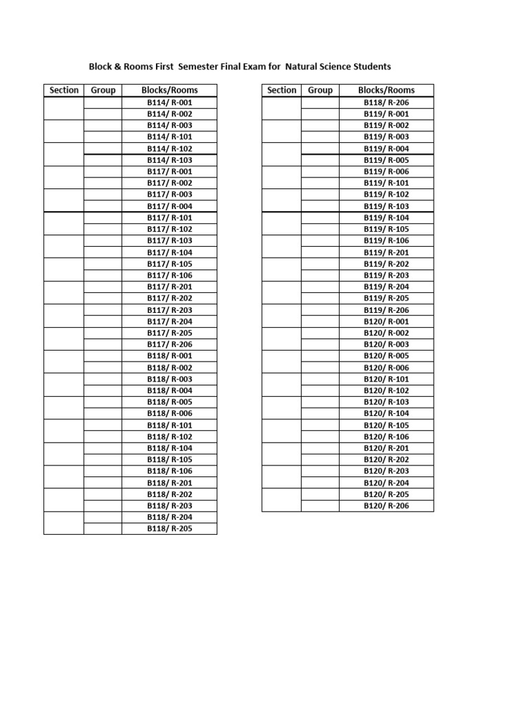 Block & Rooms First Semester Final Exam For NS | PDF