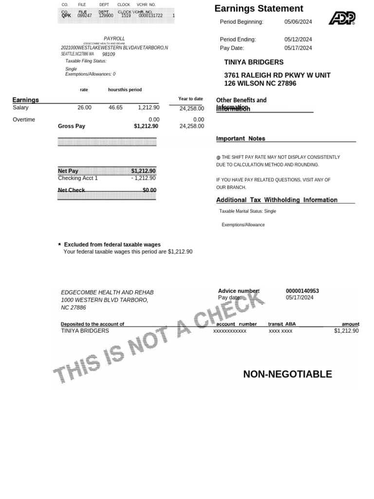 Adp - Pay - Stub - TINIYA BRIDGERS 1 4 | PDF | Payments | Economies