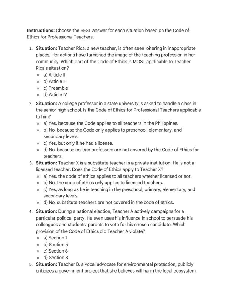 Code of Ethics For Professional Teachers - Situational MCQ Exam (Hard) | PDF | Teachers ...